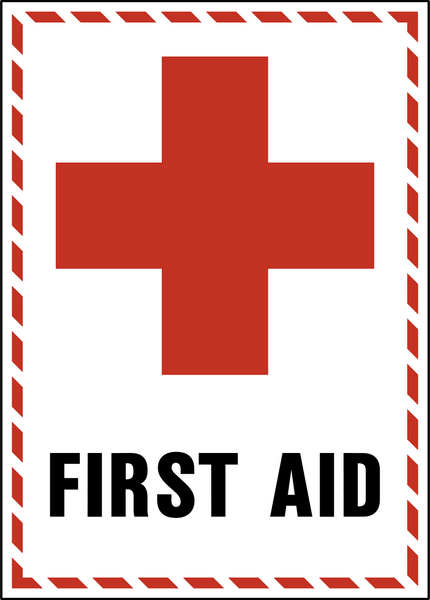 First Aid with red cross and red hatchmark border | Western Safety Sign