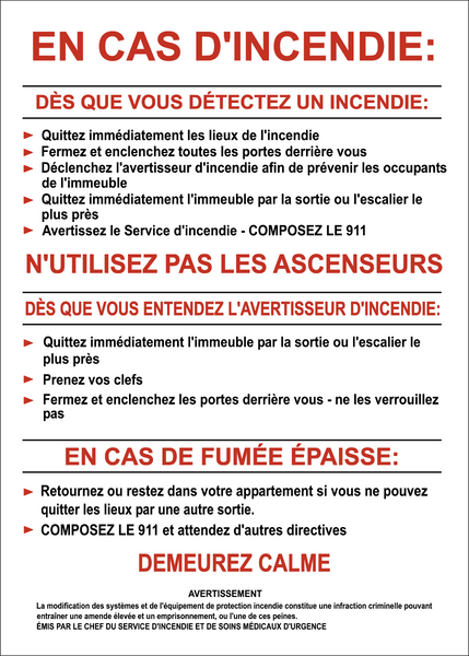 In Case of Fire, French text – Western Safety Sign