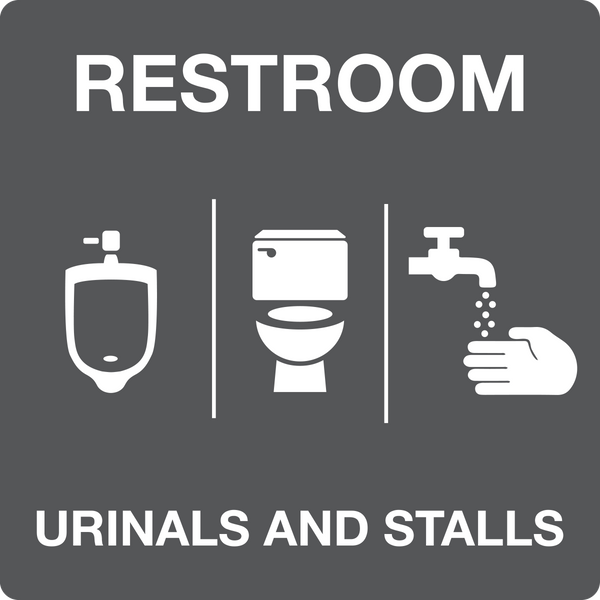 Restroom Urinals and Stalls with Text, Urinal, Toilet & Hand Washing G ...